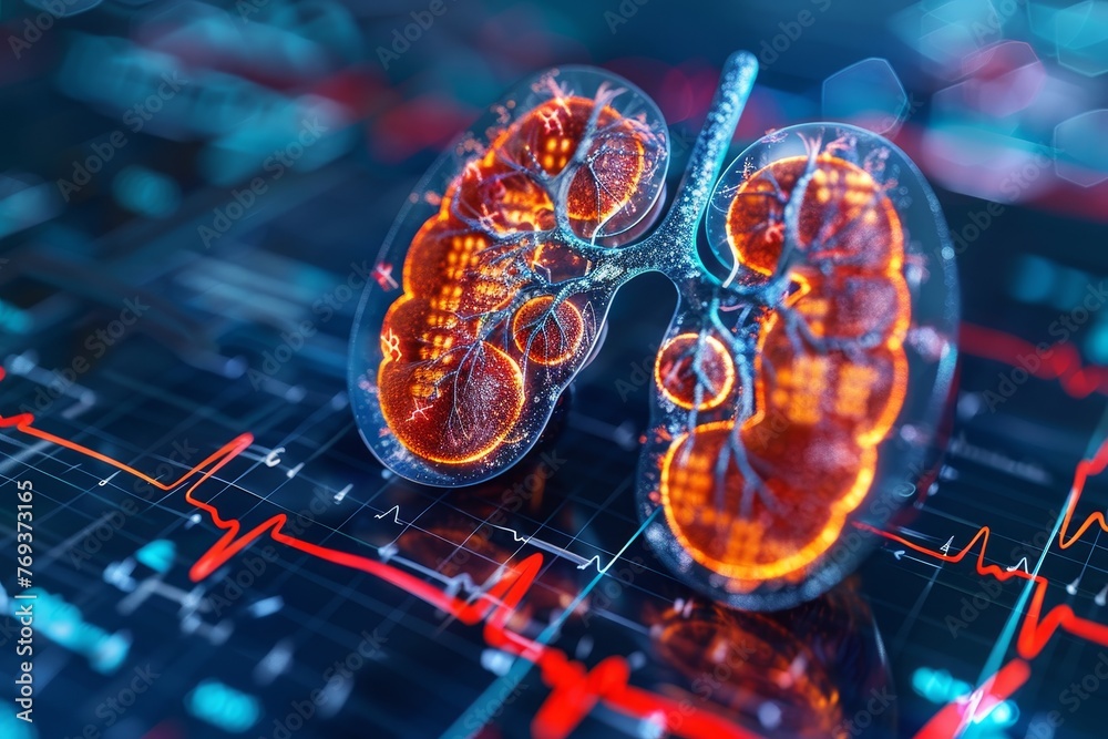 3D Illustration : Human kidney cross section anatomy on ecg graph ...