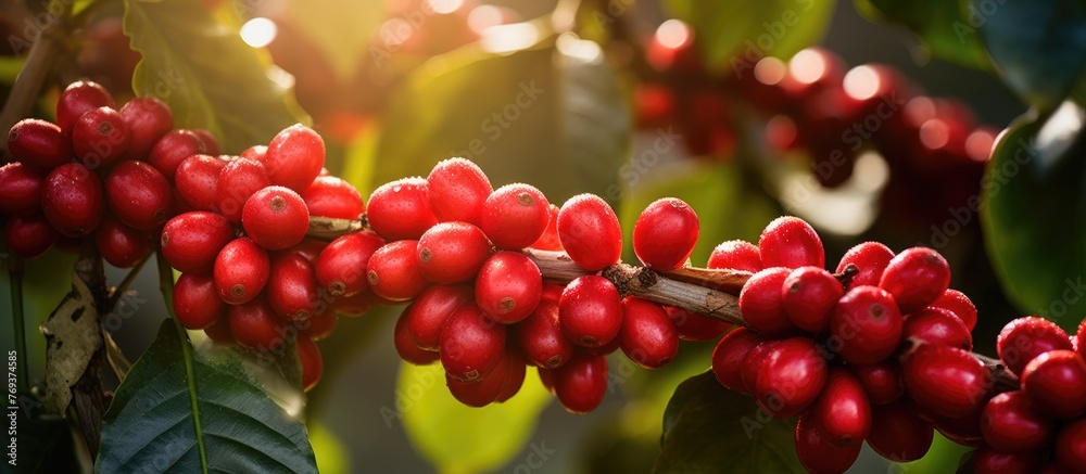 A tree producing a cluster of red coffee beans, which are seedless ...