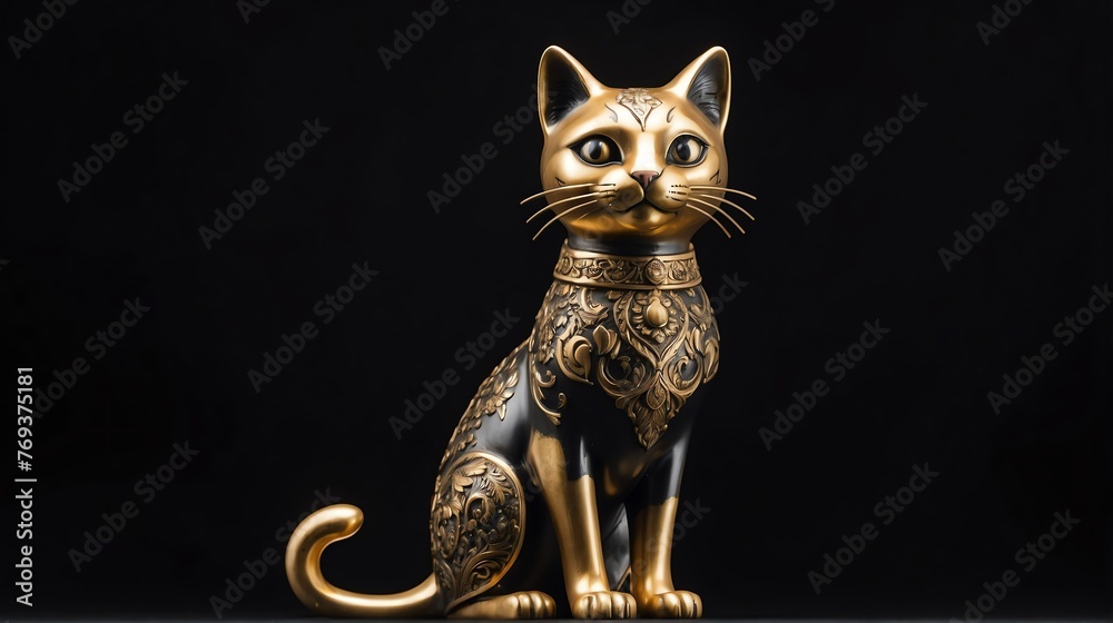 Gold cat statue on plain black background facing forward from ...