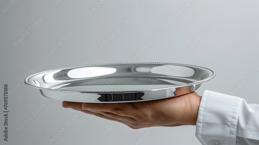 Waiter tray butler hand serve hold plate isolated white man silver ...