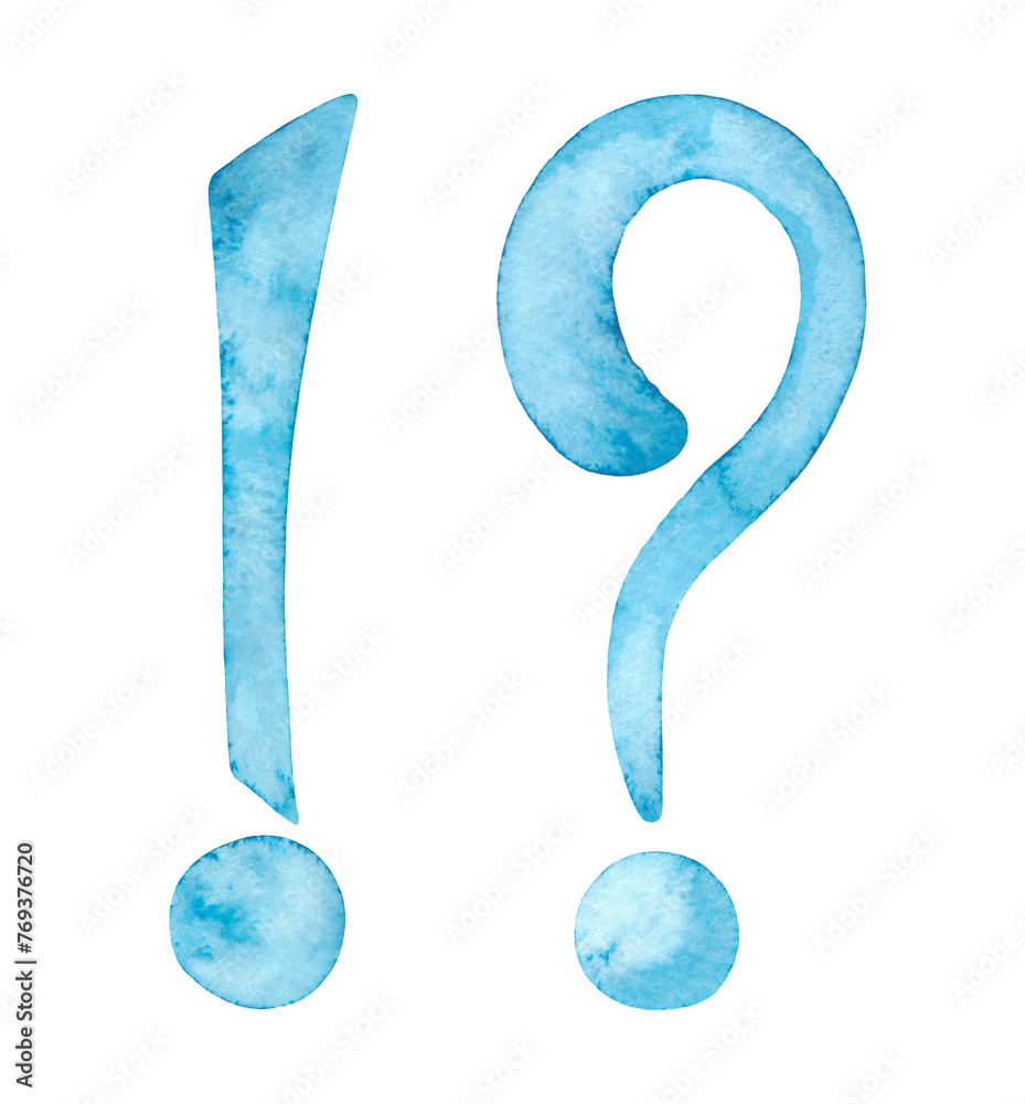 Exclamation point, question mark, blue punctuation mark isolated on a ...