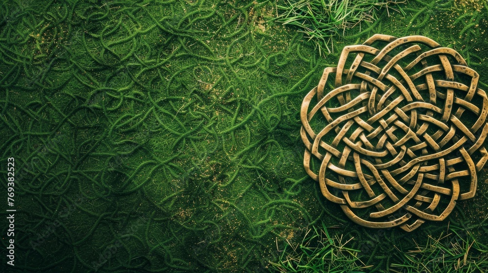 Detailed Celtic knot pattern intricately woven into the grass with gold accents, creating a ...