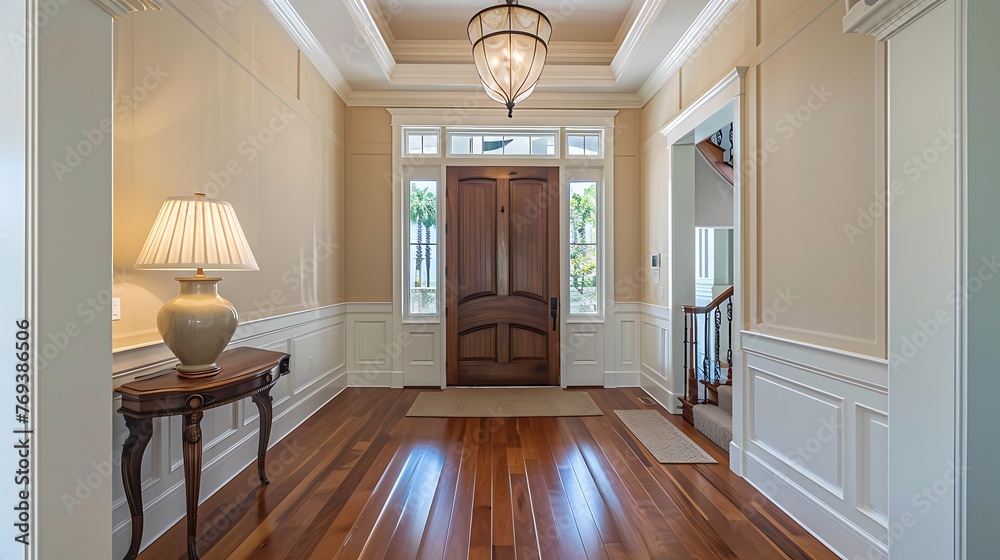 Large and wide interior front door hallway foyer with transom hanging ...