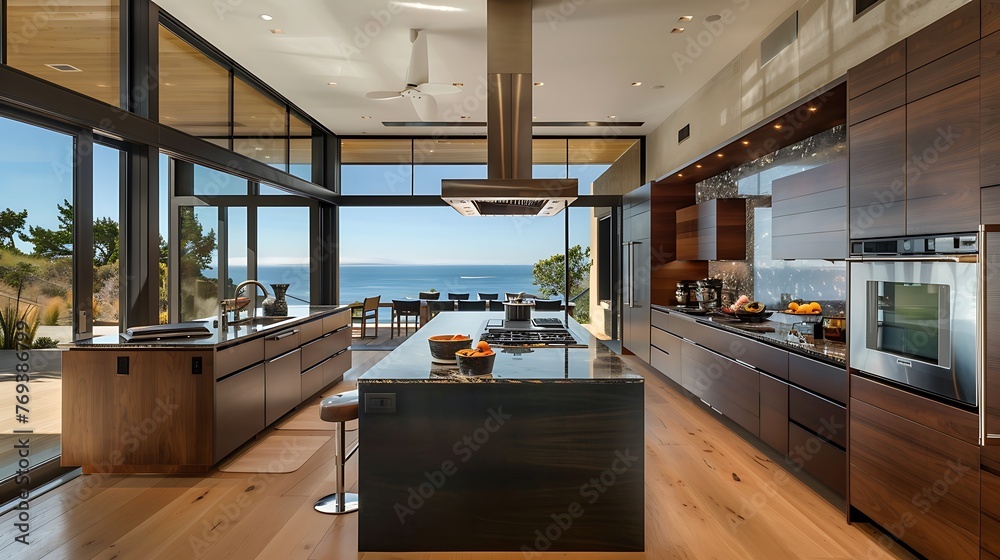 Large dark kitchen island with large panoramic window and minimalist ...
