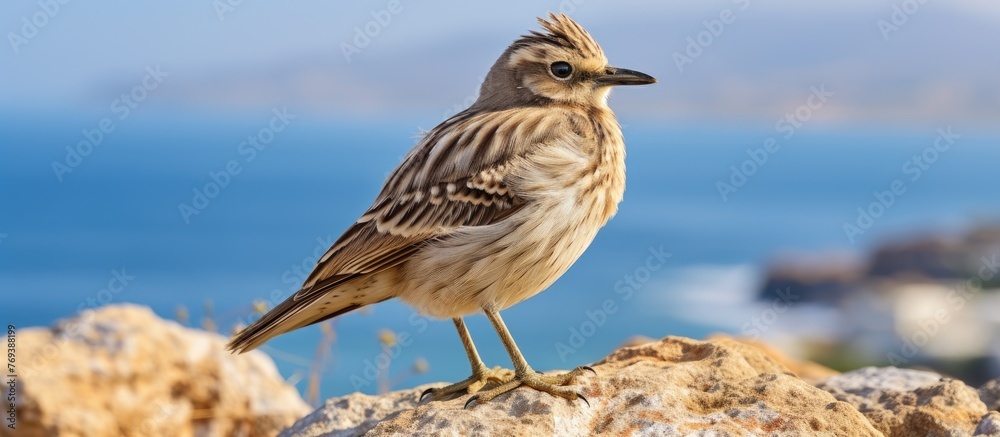 A songbird with vibrant feathers perches on a rock by the ocean, its ...