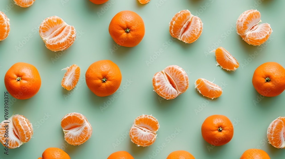 Fresh tangerines and peeled segments on a pastel green background ...