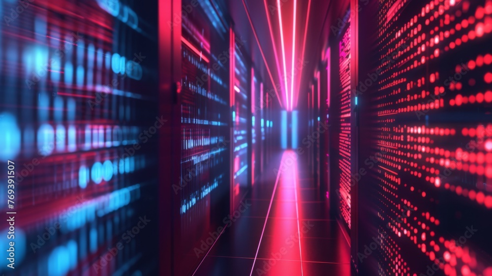 Futuristic red server room in data center - The perspective view of an ...