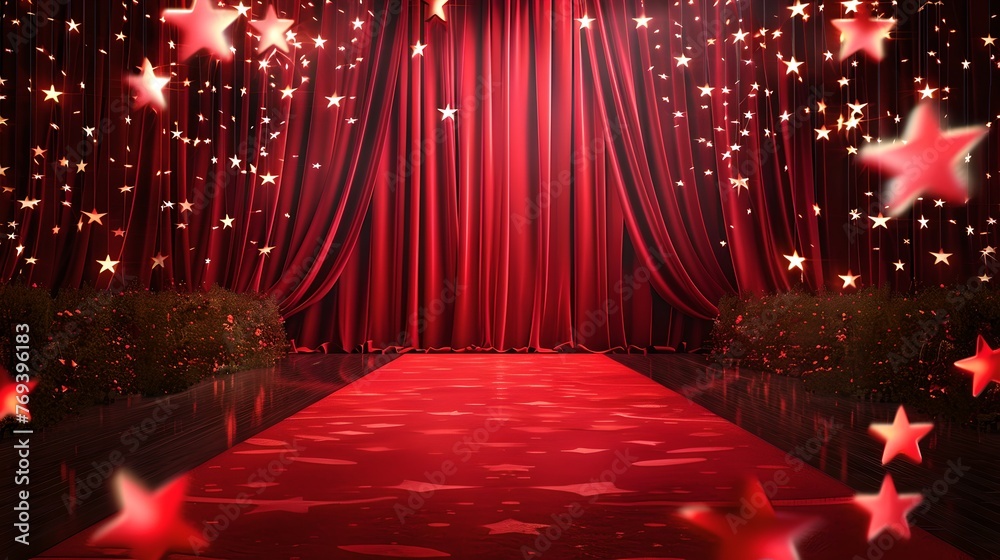 Elegant Red Theater Curtains with Glowing Stars and a Walkway. Ideal ...