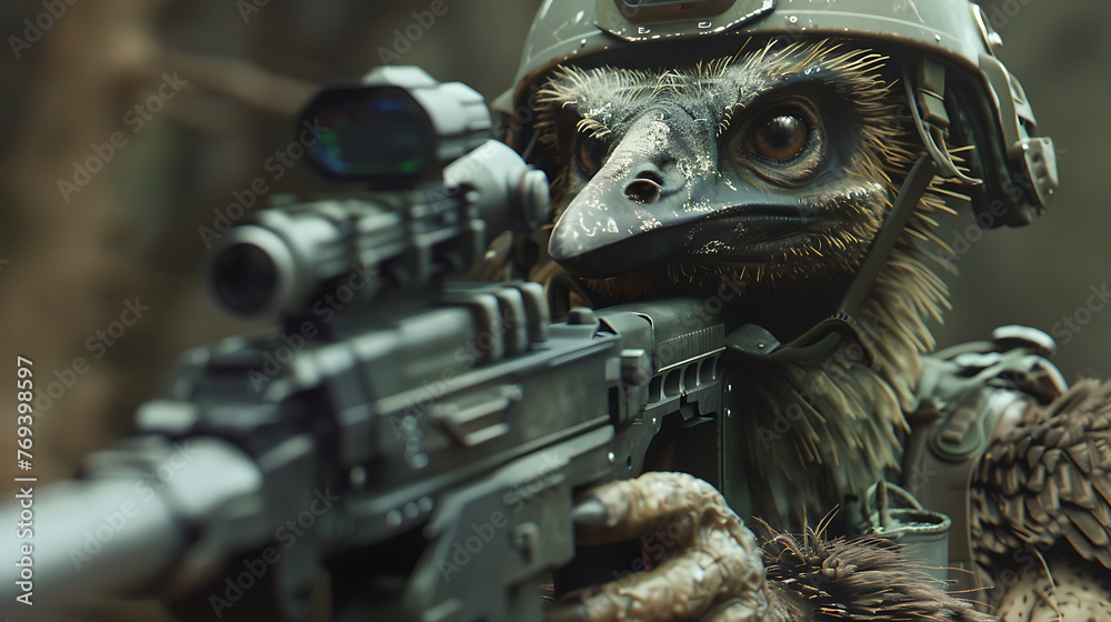 emu wearing combat helmet and holding a rifle. Generative AI ...