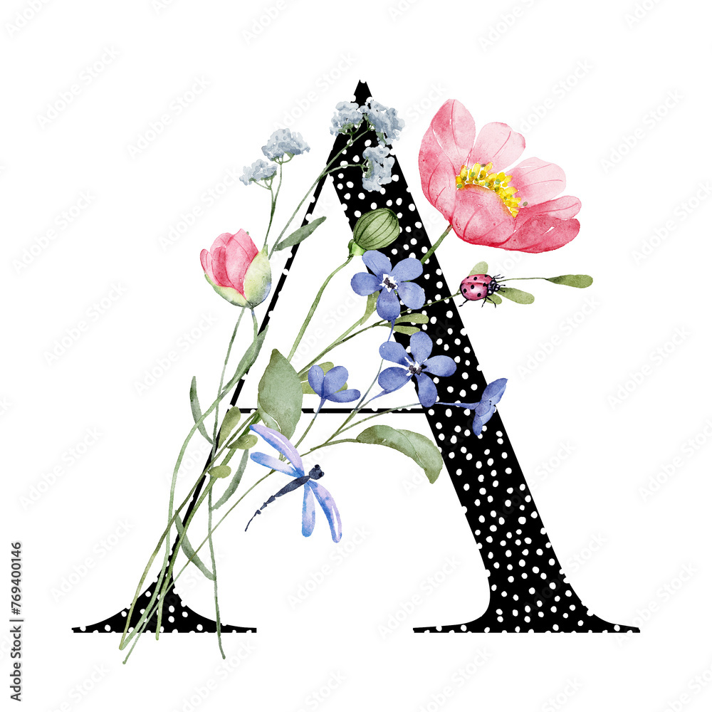 Letter A with watercolor flowers and leaf. Monogram initial, letterhead ...