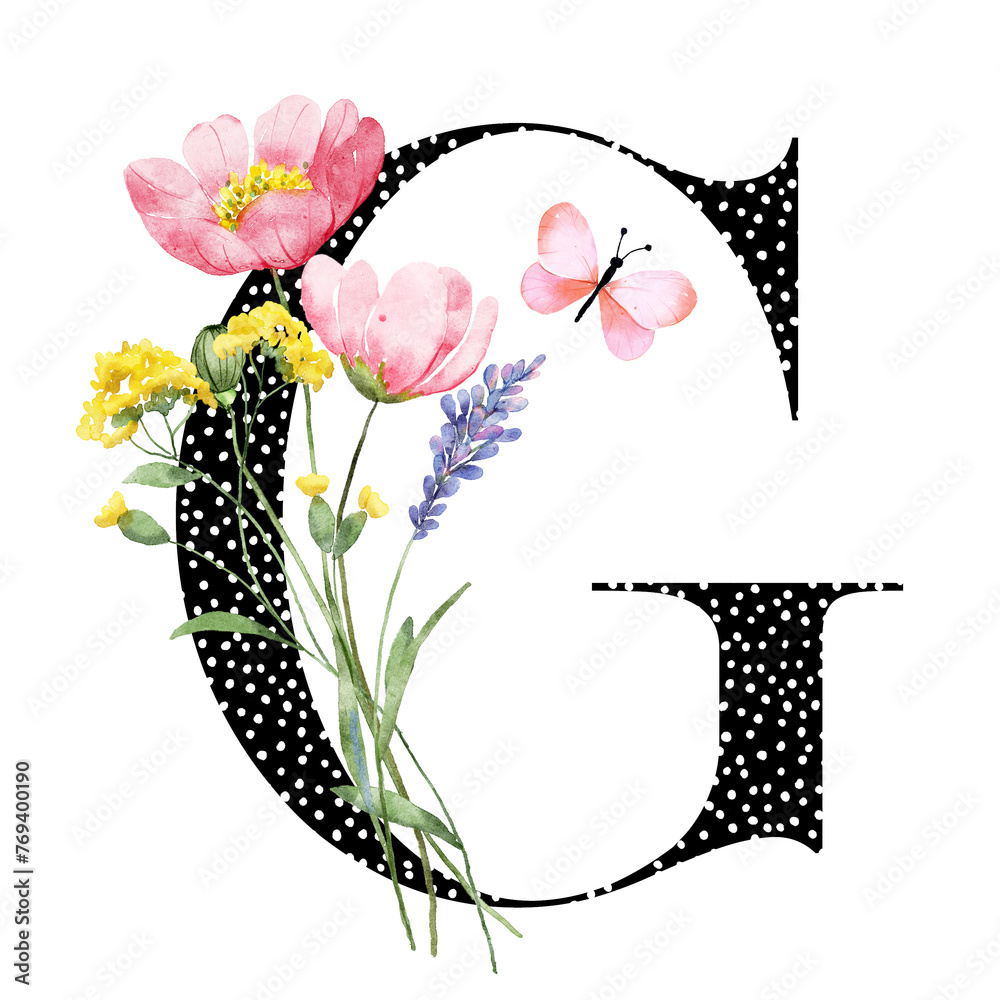 Letter G with watercolor flowers and leaf. Monogram initial, letterhead ...
