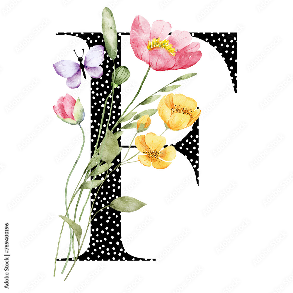 Letter F with watercolor flowers and leaf. Monogram initial, letterhead ...