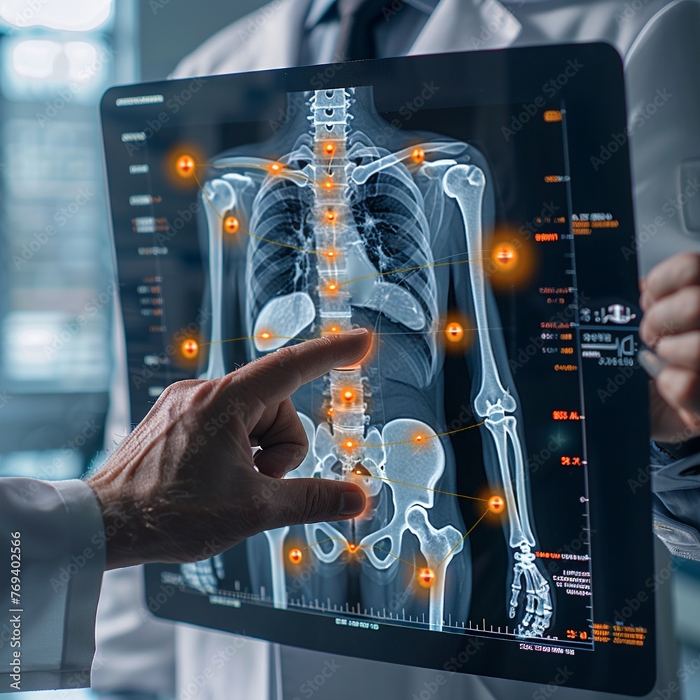 Doctor pointing at MRI, orange dots on herniated discs, patient ...