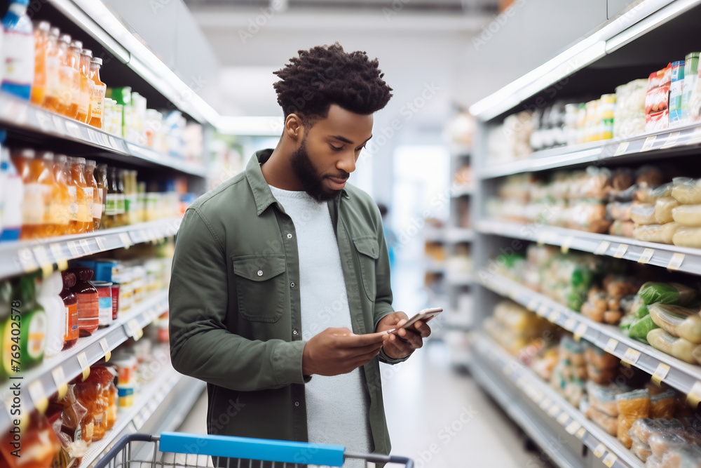 Young Man Comparing Grocery Products on His Smartphone, Smart Shopping ...