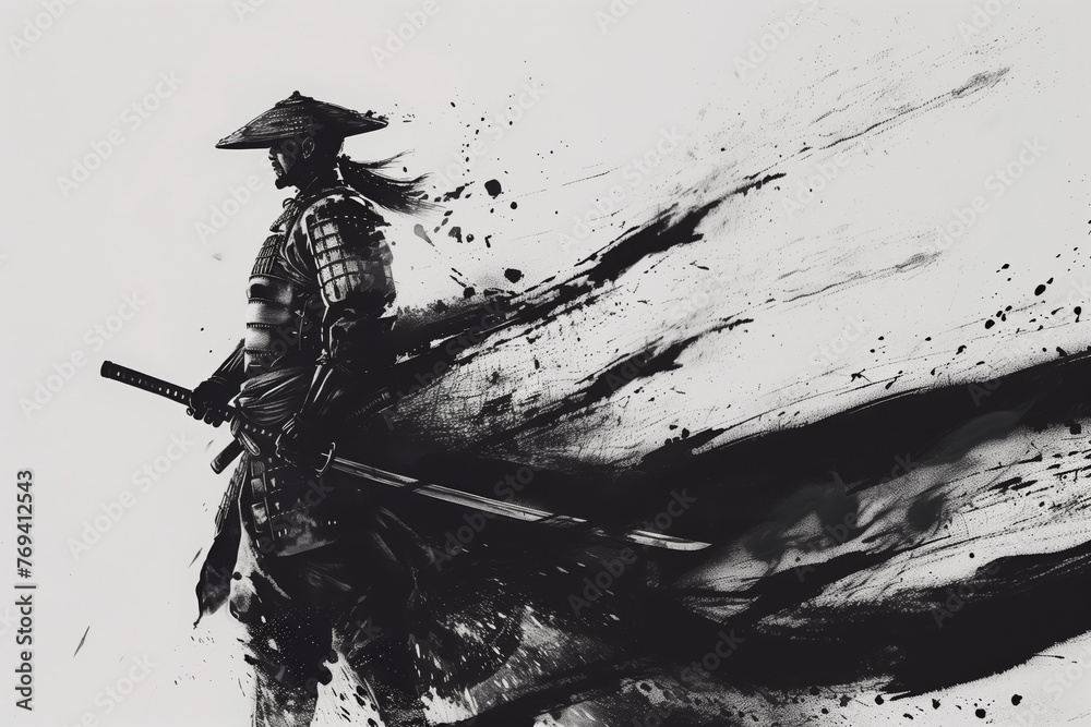 Ink-Brush Samurai Stance. An artistic monochrome ink-brush illustration ...
