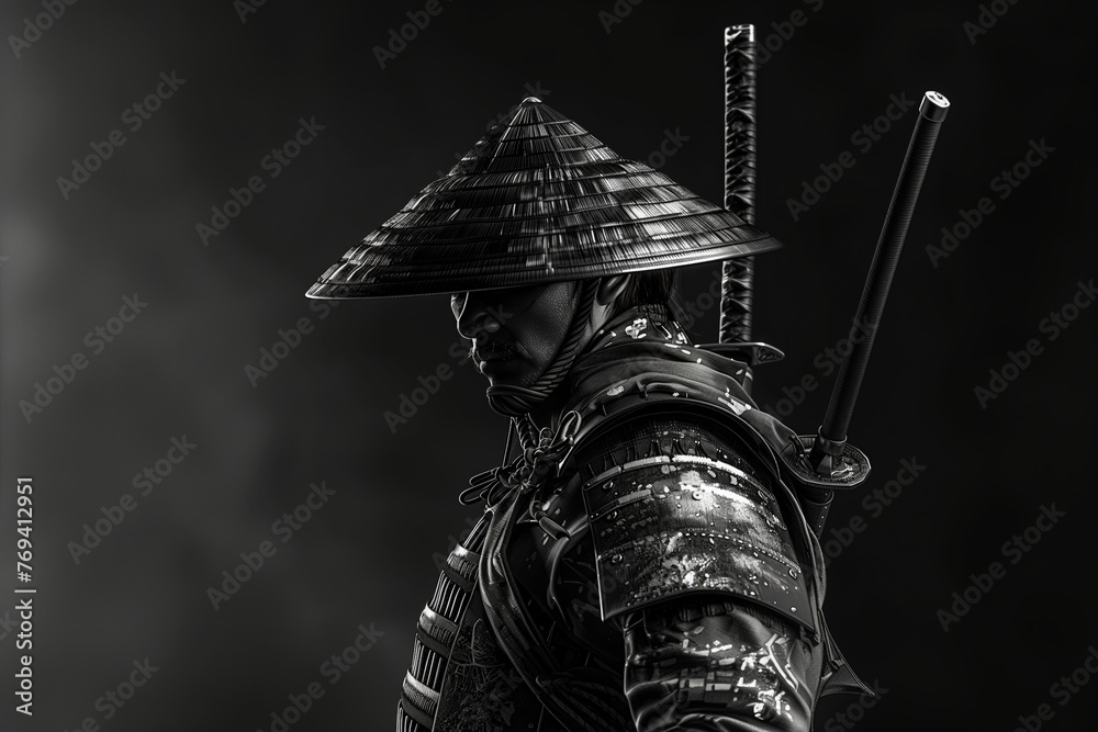 Stoic Samurai in Monochrome. A striking black and white portrait of a ...