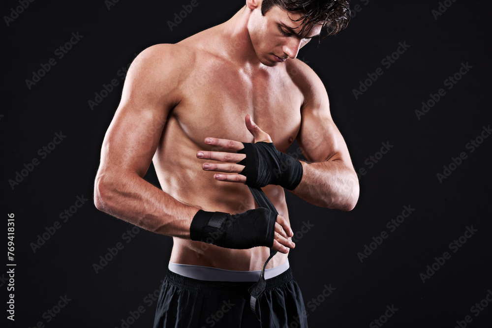 Hands, wrapping and man in martial arts for boxing on black background ...