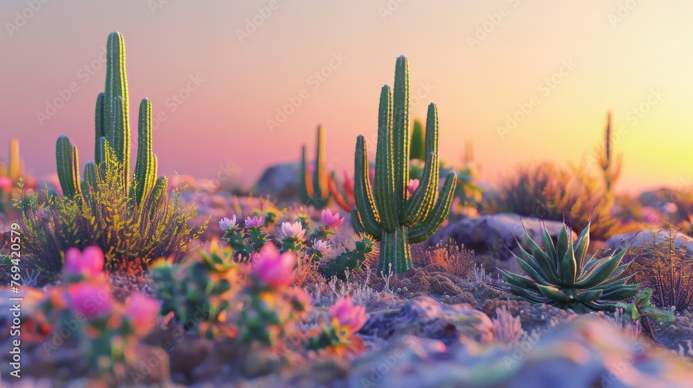 Ethereal Twilight: Surreal Desert Cactus Garden Awash in Otherworldly ...