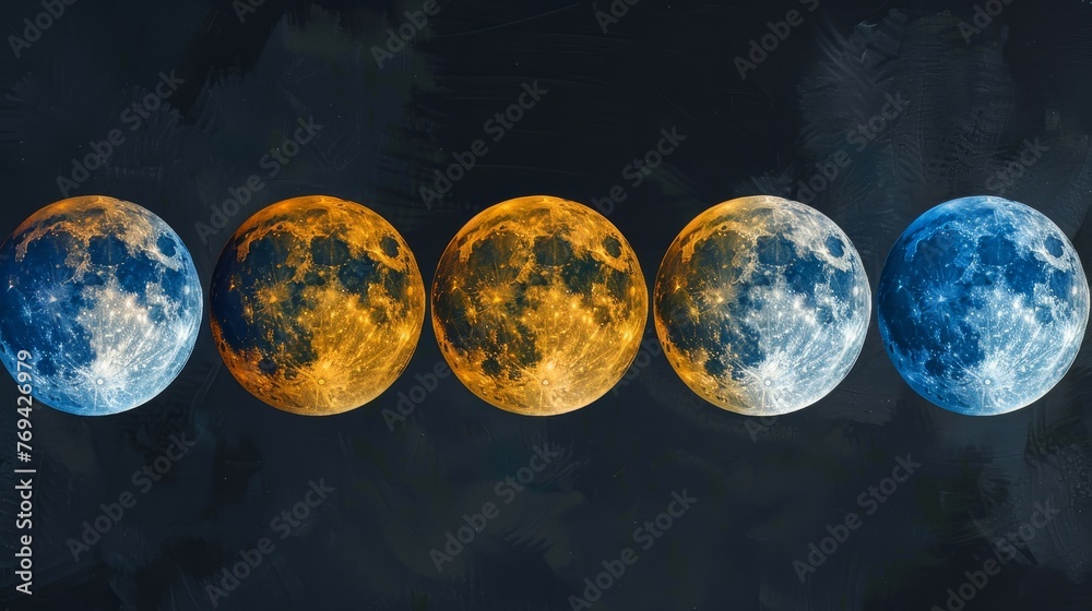 Five phases of the moon, including new moon, waxing crescent, first ...