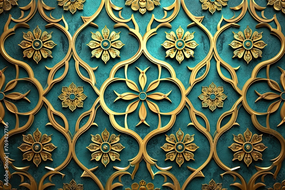 beautiful aqua and gold modern islamic ornament wall vector with curved ...