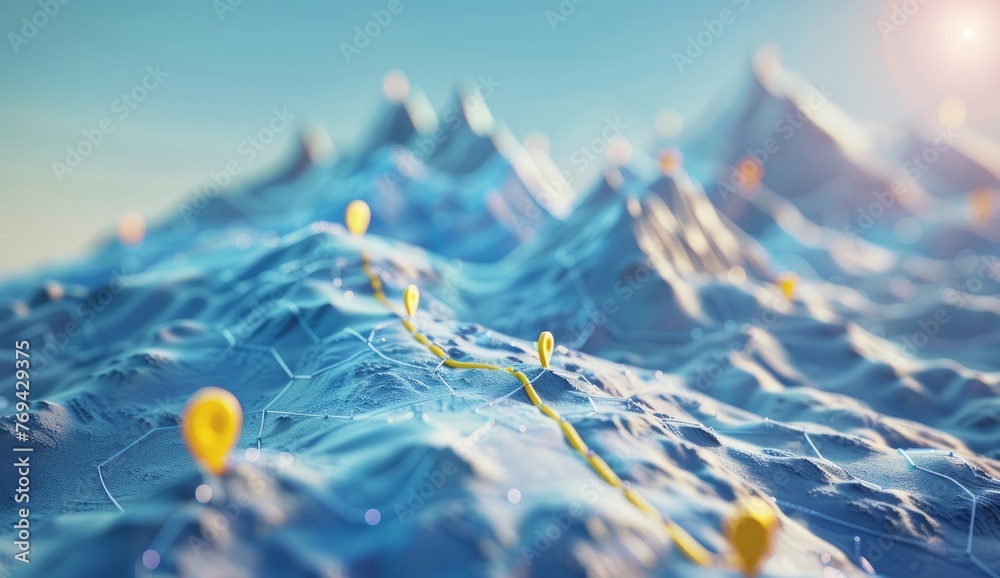 3d line from start point to the top of mountain with yellow markers on ...