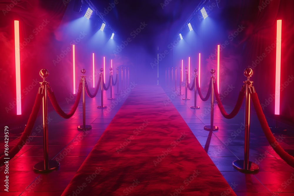 Red carpet and velvet ropes on the sides of an event entrance with ...