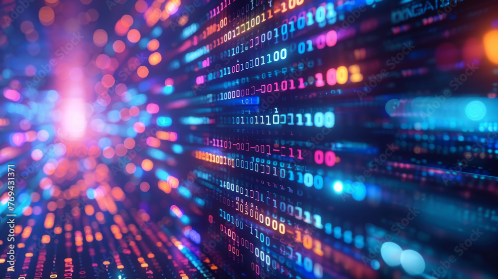 Digital binary code matrix background - 3D rendering of a scientific technology data binary code ...