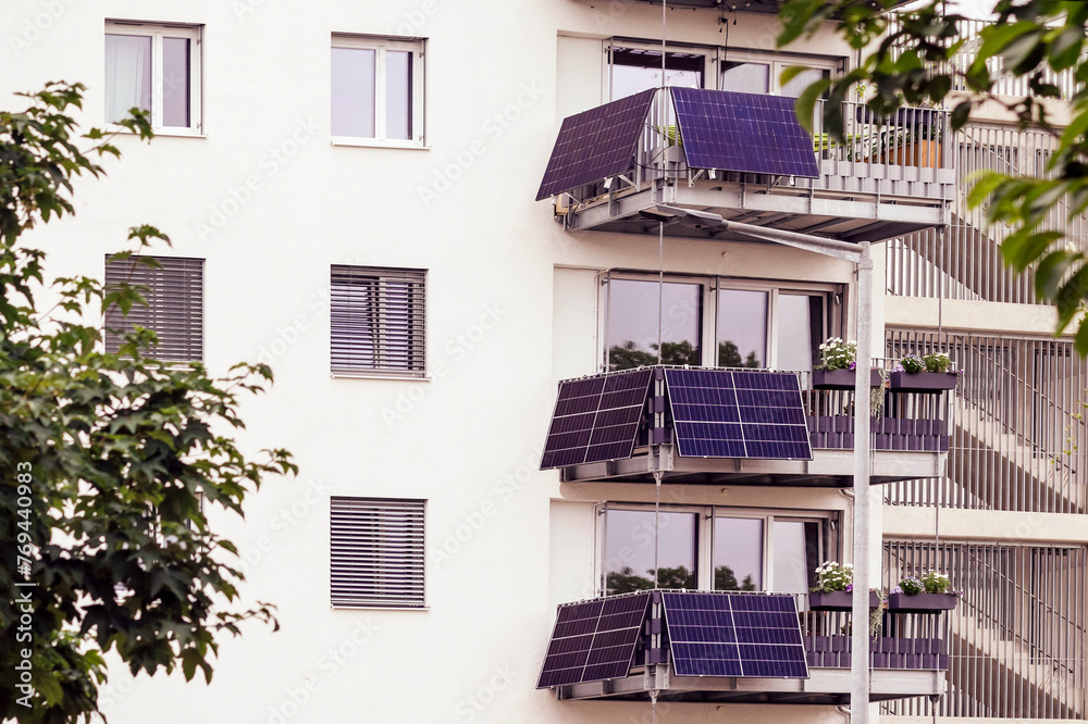 Solar Panels on Balcony Railings of Modern Building Apartments. Balcony ...