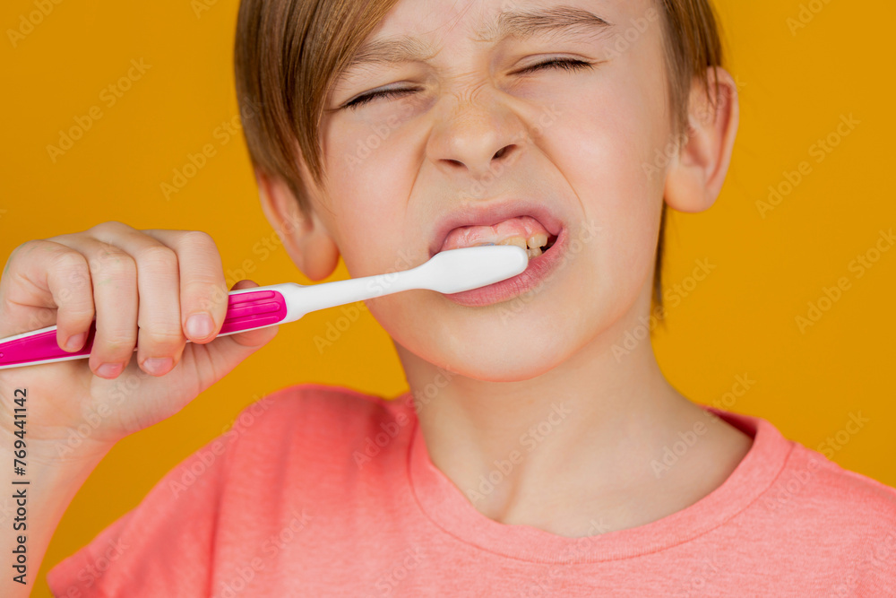 Dental hygiene. Little kid brushing her teeth. Kid boy brushing teeth ...