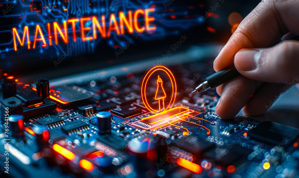 Corporate executive interacting with a futuristic global maintenance ...