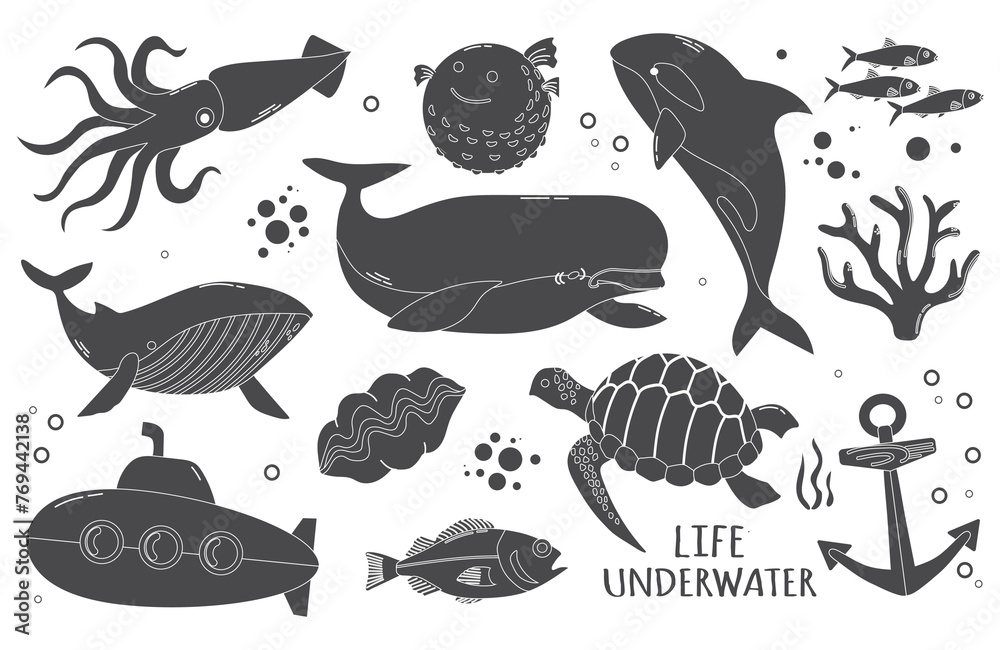 Set of black and white silhouettes sea and ocean underwater animals and ...