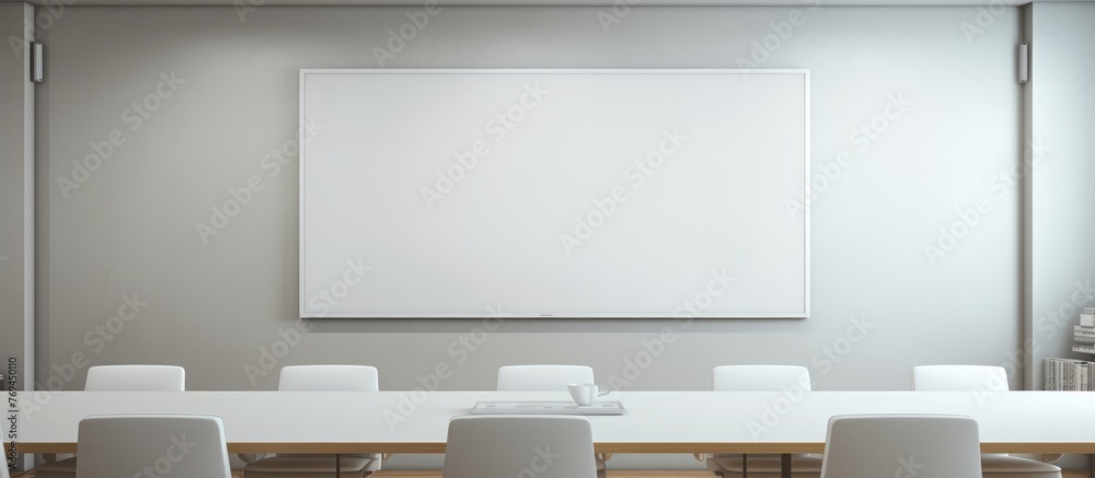 A rectangular conference room with a long table, chairs, and a large ...