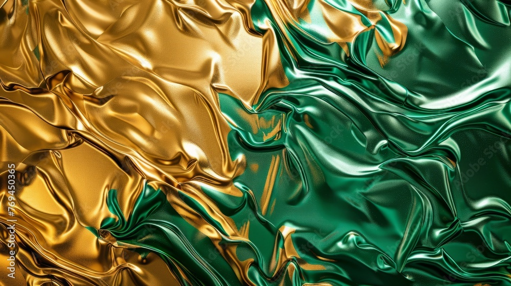 Detailed view of a shiny green and gold metallic foil texture creating ...