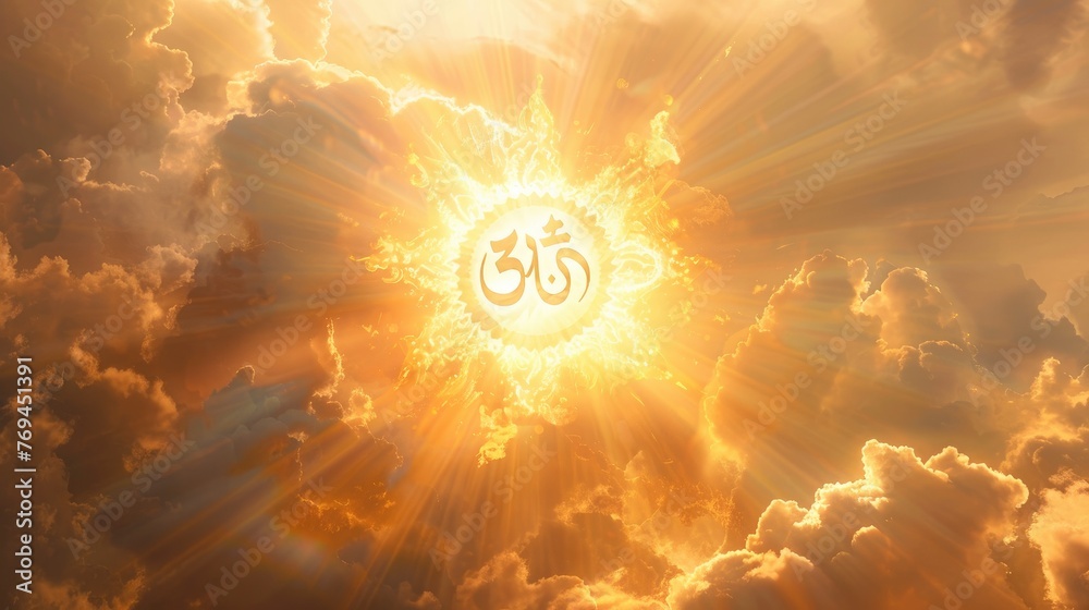 Hinduism aum floating in the air, clear silhouette on the background of ...