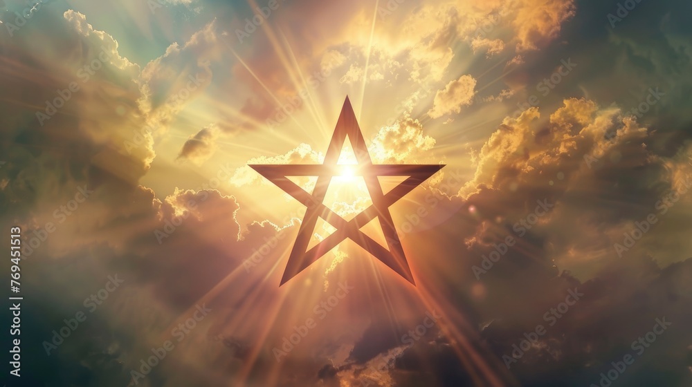 Pentagram Satanism floating in the air, clear silhouette on the ...