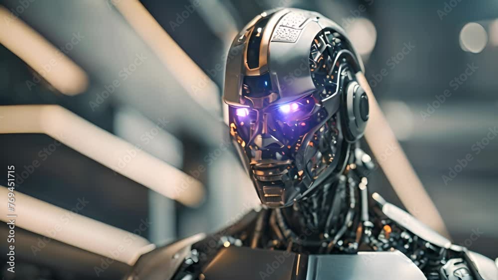 Profile view of an advanced cyborg with an illuminated helmet and ...