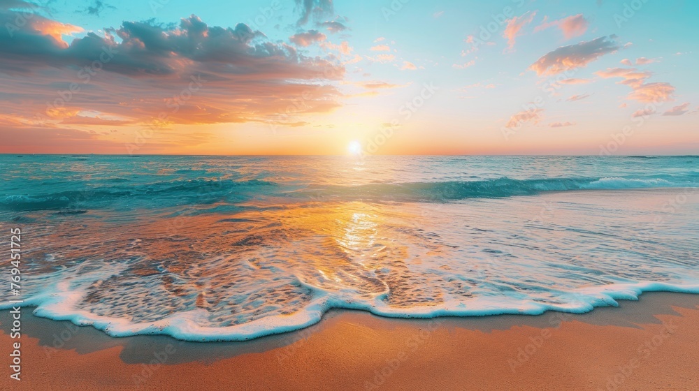 Stunning sunset over sandy beach and ocean Abstract sea background for ...