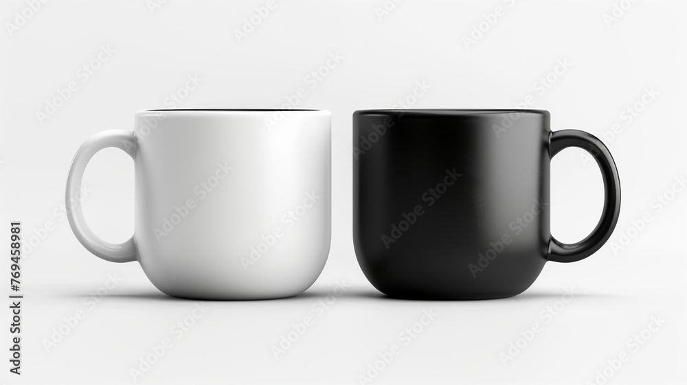 White and black mug mockup set isolated, front view, white background ...