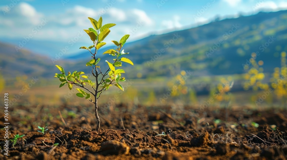 Young,freshly planted tree sapling stands tall in an open field,its ...