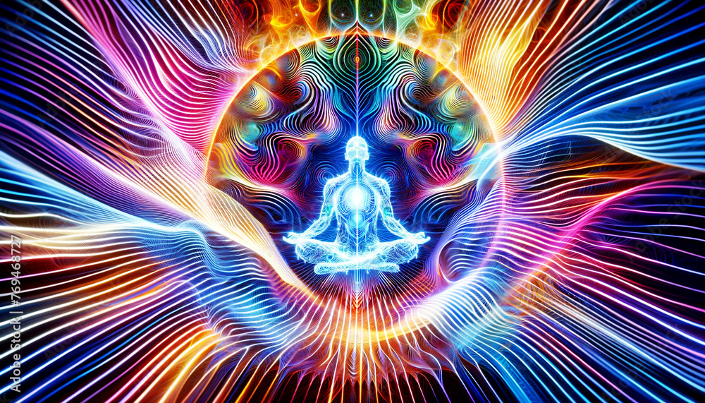 abstract image of a person in a state of bliss, surrounded by waves of ...