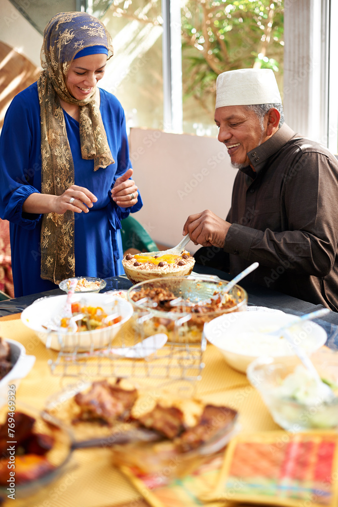 Eid, holiday and family with food for muslim celebration with man ...