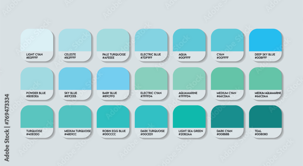 Cyan Color Palette, Cyans Color with Names. Catalog Samples Cyan with ...