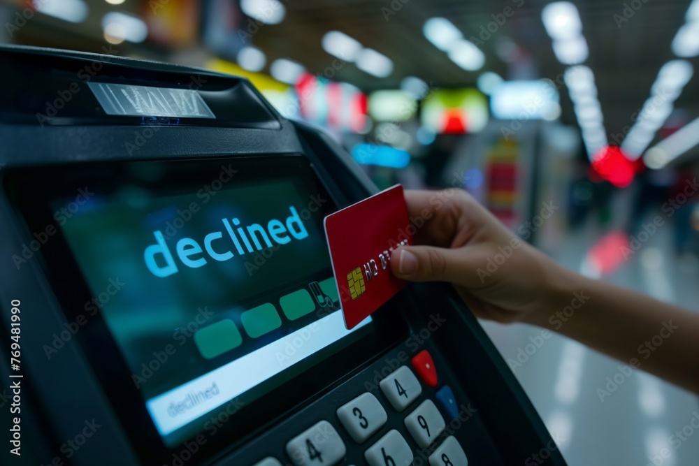 Bank card payment terminal screen displaying the word Declined ...