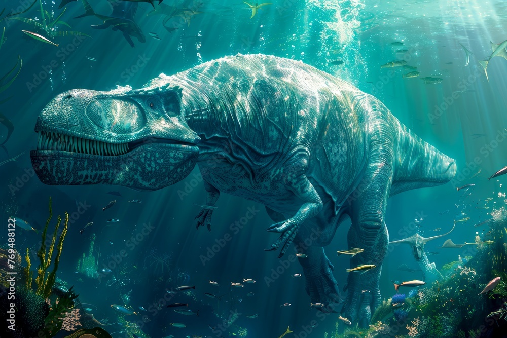 Prehistoric Marine Reptile Mosasaurus Swimming Underwater with Fish in ...