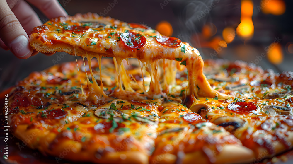 ภาพประกอบสต็อก A hand lifting a slice of pizza, with the cheese ...