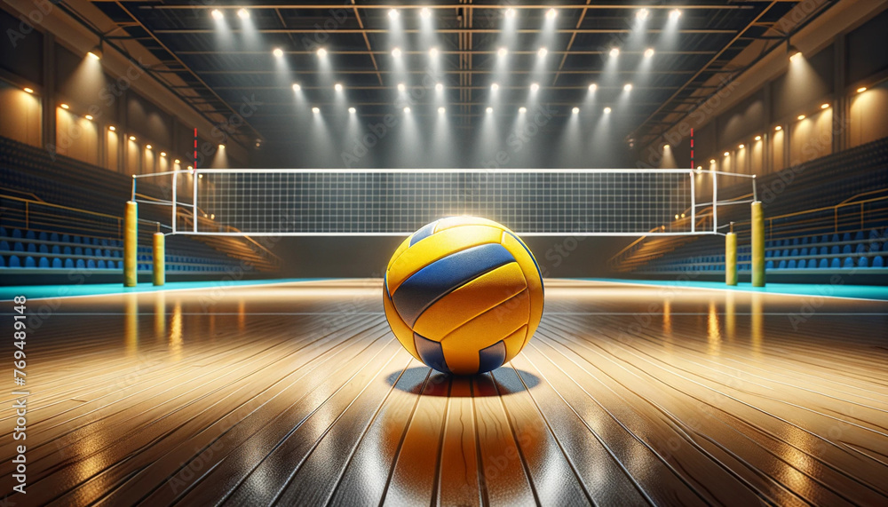 A realistic and detailed image of a bright yellow volleyball placed in ...