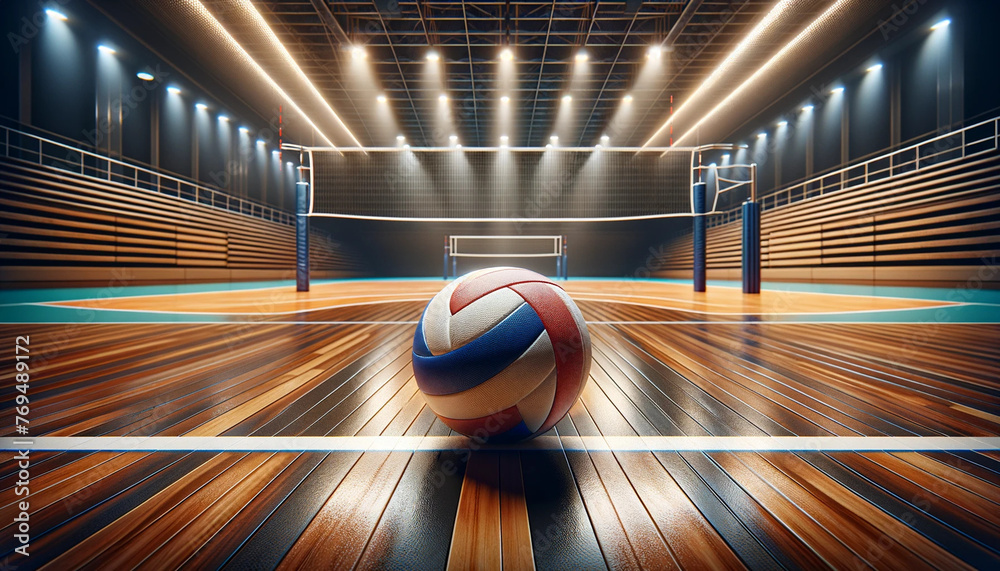 A realistic and detailed image of a bright yellow volleyball placed in ...