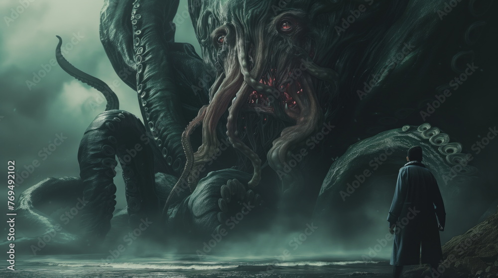 Monstrous entity Cthulhu with tentacles for a face, glowing eyes, and ...
