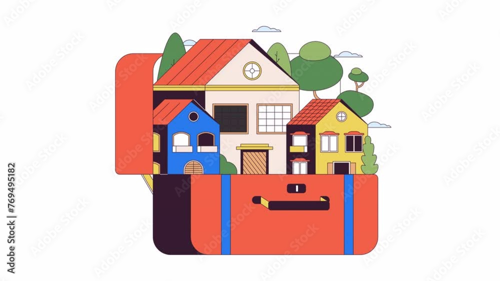 City in suitcase open line 2D animation. Travel bag houses urban scene ...