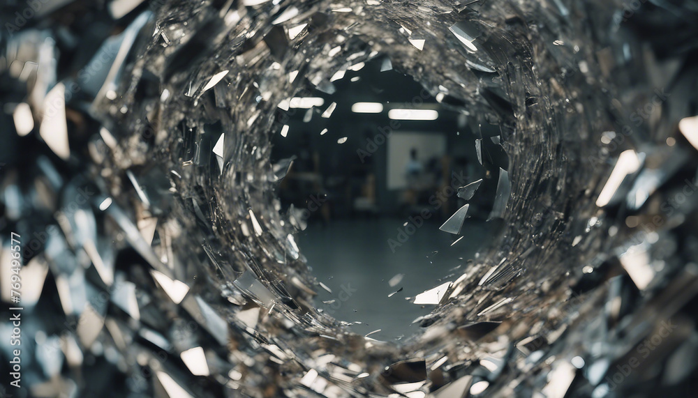a shattered mirror. The shards reflect warped and distorted versions of ...